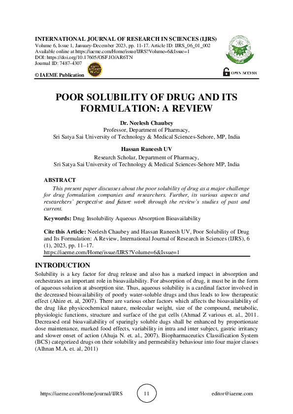 (PDF) POOR SOLUBILITY OF DRUG AND ITS FORMULATION: A REVIEW