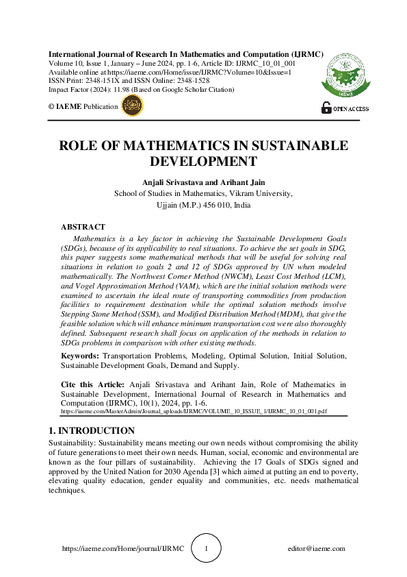 (PDF) ROLE OF MATHEMATICS IN SUSTAINABLE DEVELOPMENT