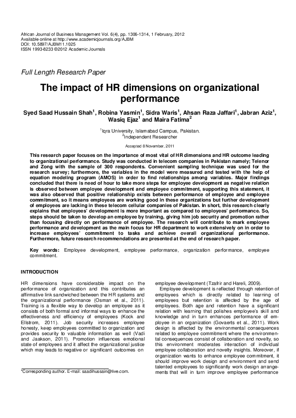 (PDF) The impact of HR dimensions on organizational performance
