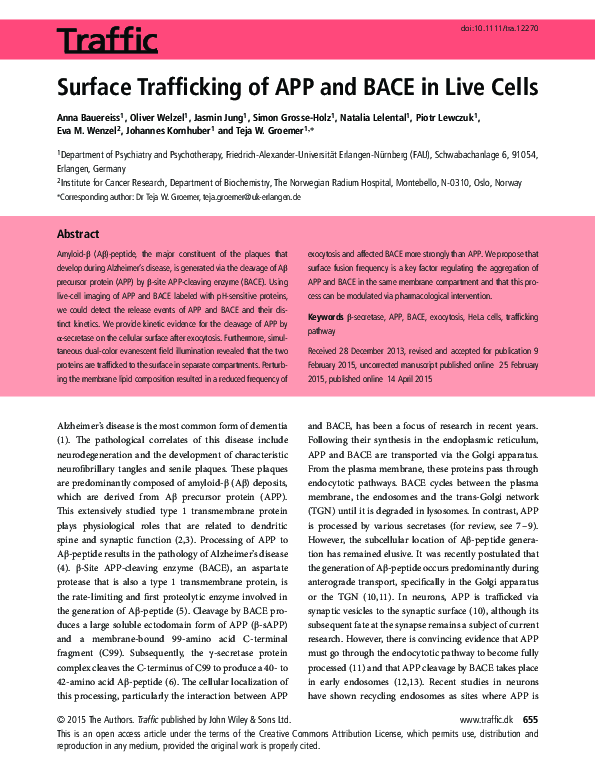 (PDF) Kinetics of APP and BACE Trafficking in Live Cells
