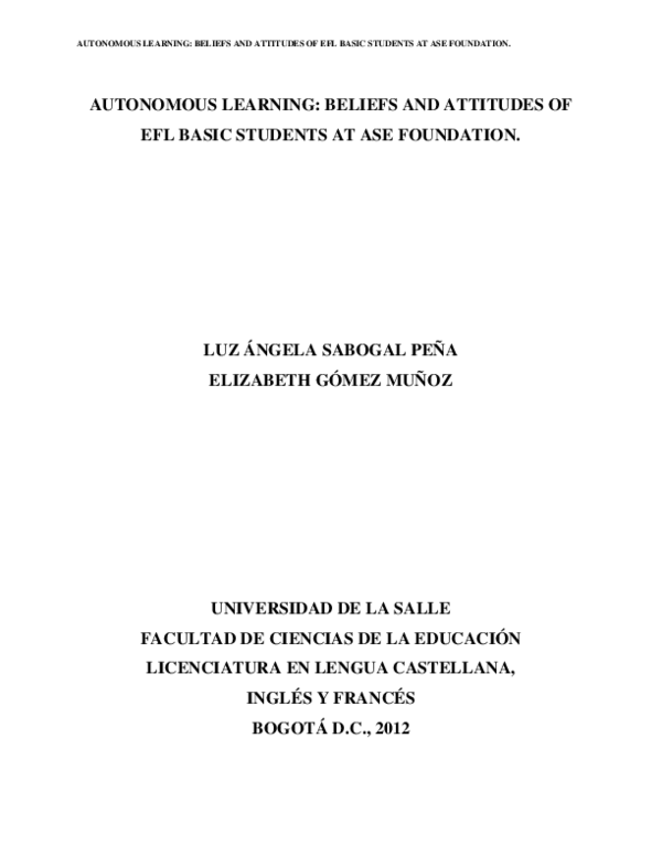 (PDF) Autonomous learning: beliefs and attitudes of efl basic students at ase foundation