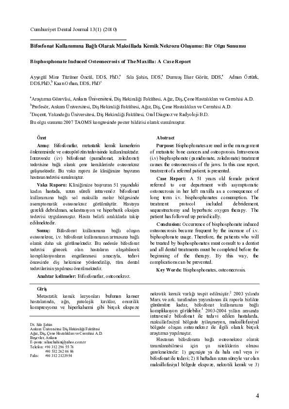 (PDF) Bifosfonat Kullanımına Bağlı Olarak Maksillada Kemik Nekrozu ...