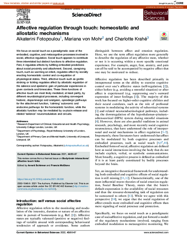 (PDF) Affective regulation through touch: homeostatic and allostatic ...