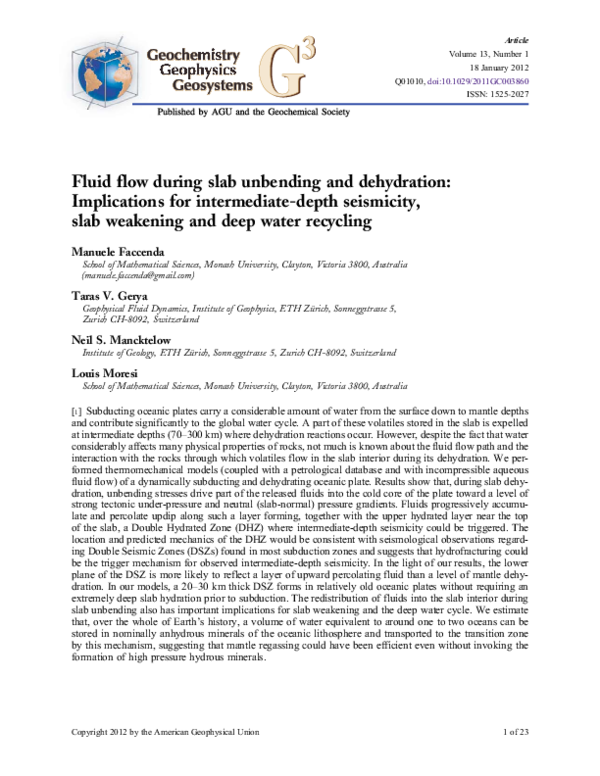 (PDF) Fluid flow during slab unbending and dehydration: Implications ...
