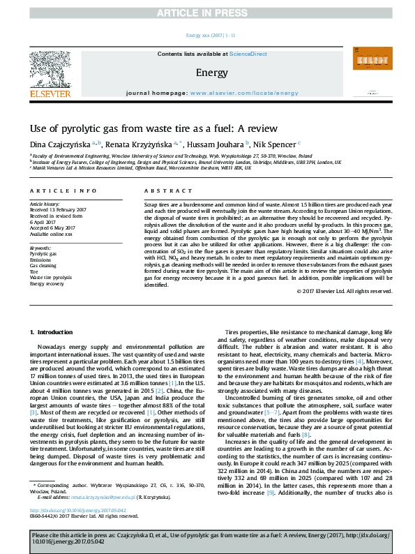 (PDF) Use of pyrolytic gas from waste tire as a fuel: A review