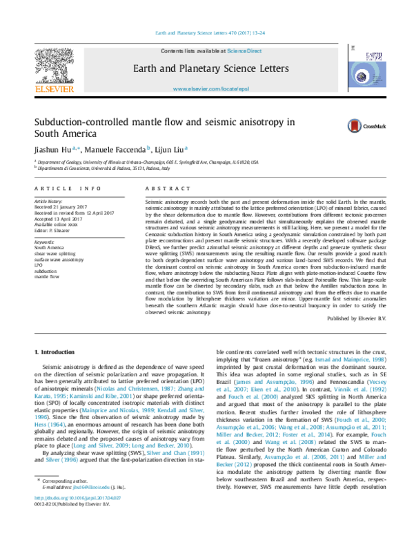 (PDF) Subduction-controlled mantle flow and seismic anisotropy in South America