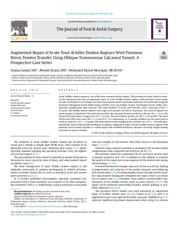 (PDF) Augmented Repair of Acute Total Achilles Tendon Rupture With ...