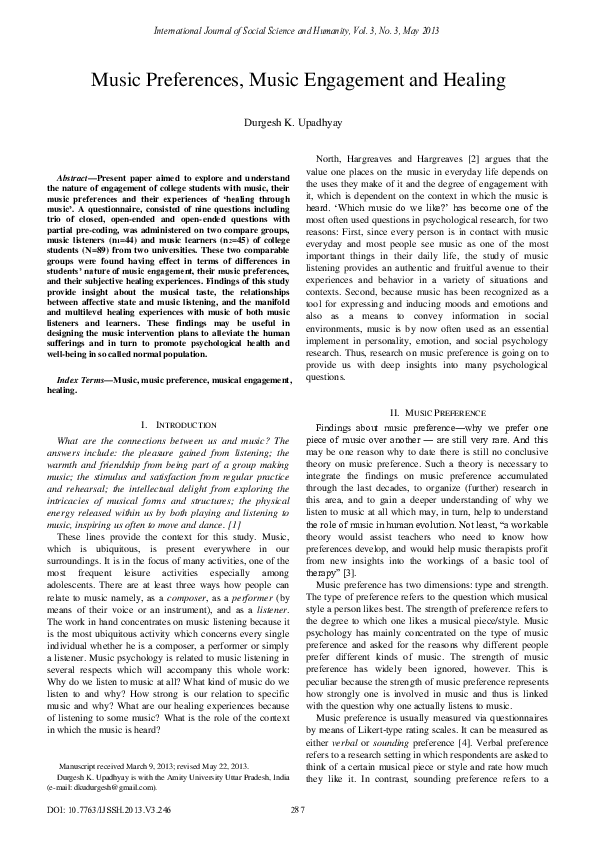 (PDF) Music Preferences, Music Engagement and Healing