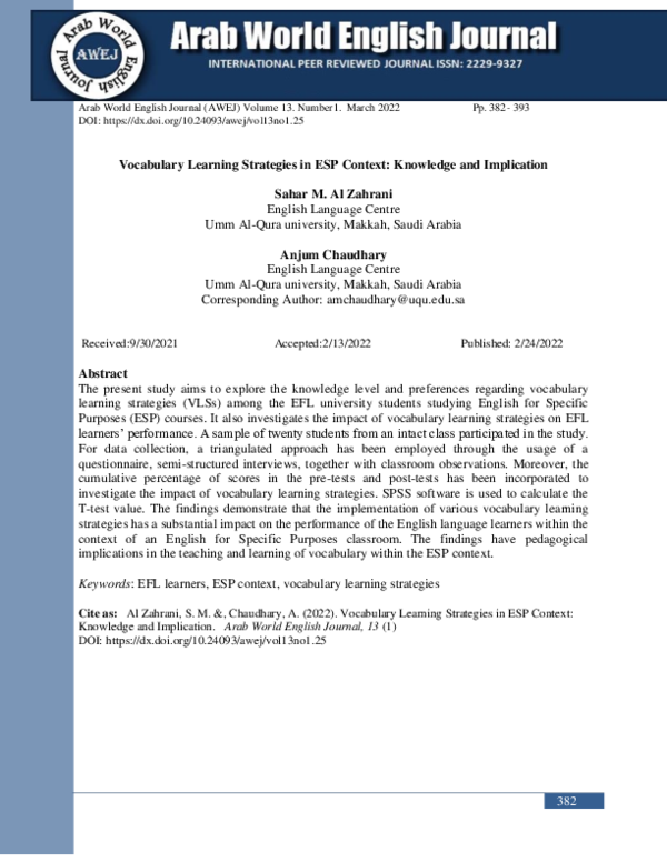 (PDF) Vocabulary Learning Strategies in ESP Context: Knowledge and Implication