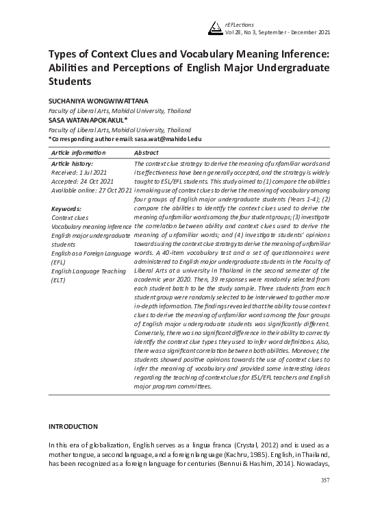 (PDF) Types of Context Clues and Vocabulary Meaning Inference: Abilities and Perceptions of ...