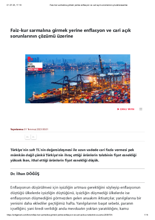 (PDF) Faiz-kur sarmalına girmek yerine enflasyon ve cari açık ...