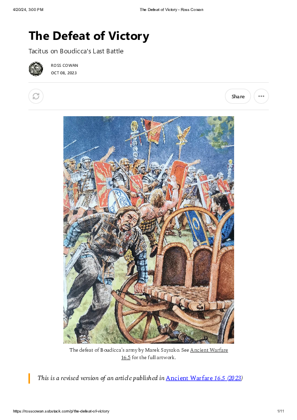 (PDF) The Defeat of Victory: Tacitus on Boudicca's Last Battle