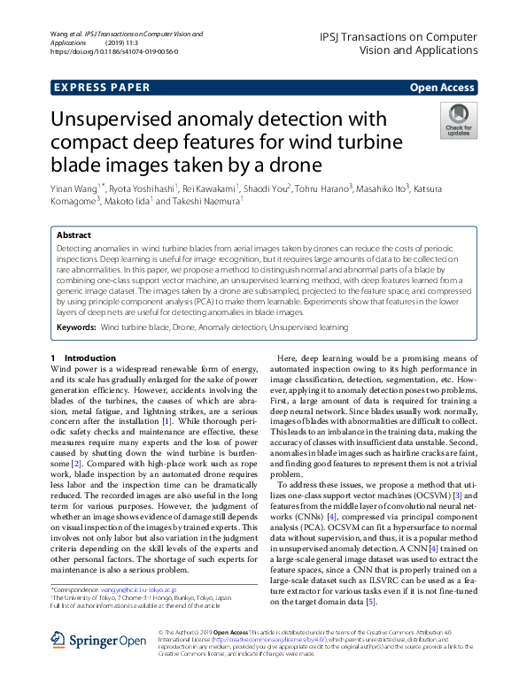Pdf Unsupervised Anomaly Detection With Compact Deep Features For Wind Turbine Blade Images
