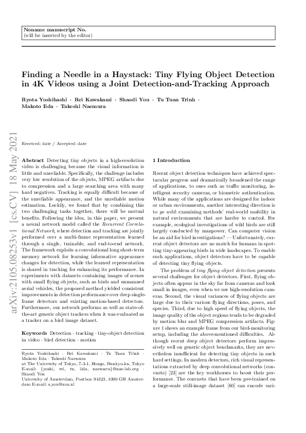 (PDF) Finding a Needle in a Haystack: Tiny Flying Object Detection in 4K Videos using a Joint ...