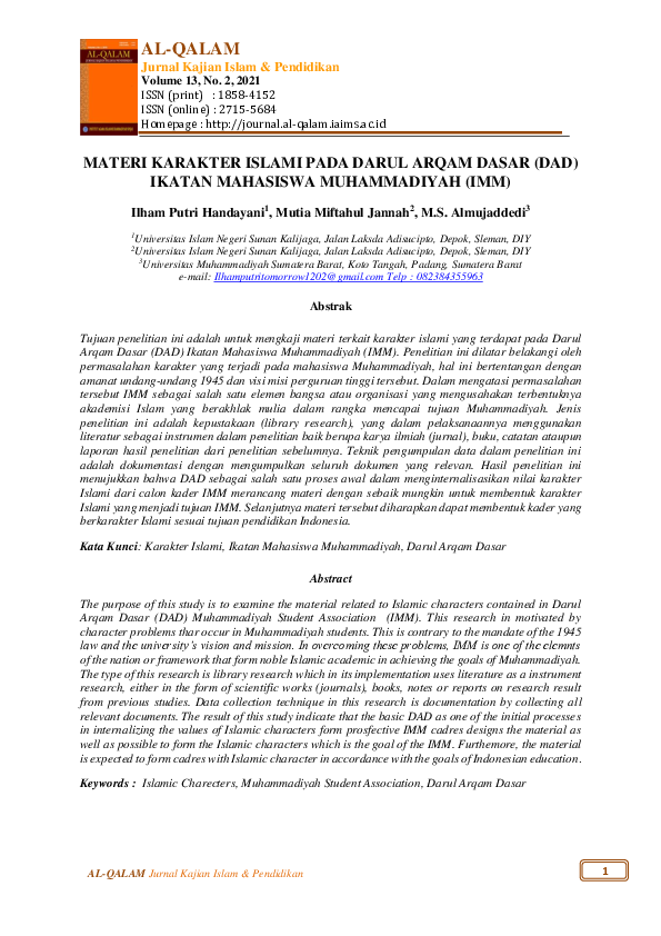 (PDF) Materi Karakter Islami Pada Darul Arqam Dasar (Dad) Ikatan Mahasiswa Muhammadiyah (Imm)