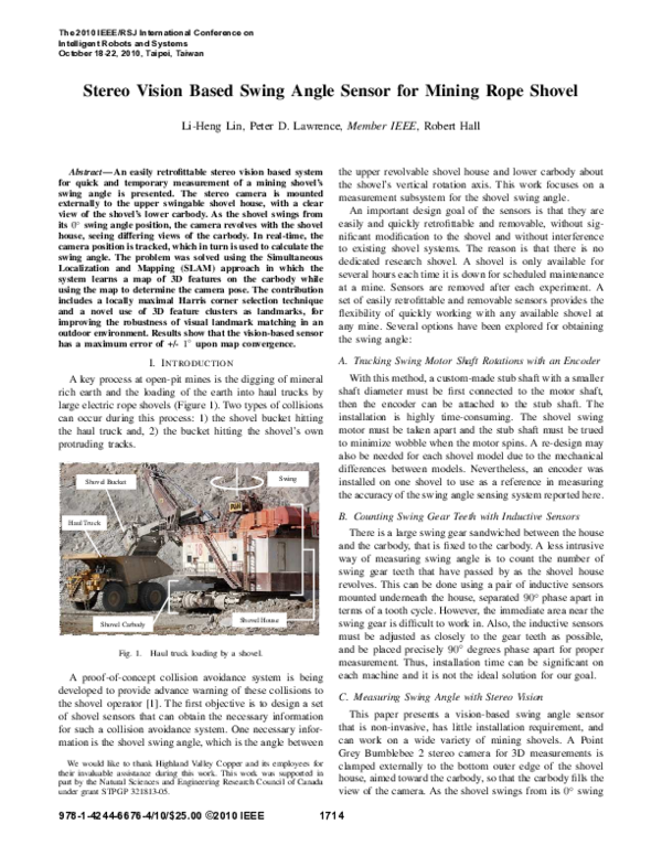 (PDF) Stereo vision based swing angle sensor for mining rope shovel