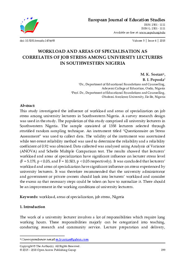 (PDF) Workload and Areas of Specialisation as Correlates of Job Stress ...