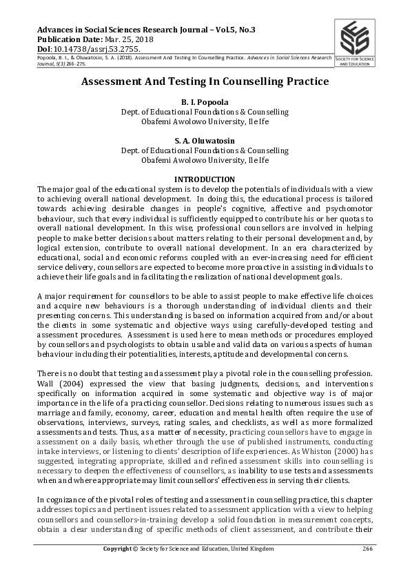 (PDF) Assessment And Testing In Counselling Practice