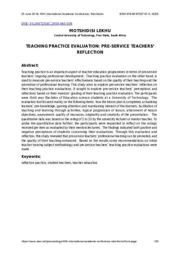 (PDF) Teaching Practice Evaluation: Pre-Service Teachers’ Reflection