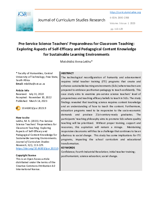 (PDF) Pre-Service Science Teachers’ Preparedness for Classroom Teaching ...