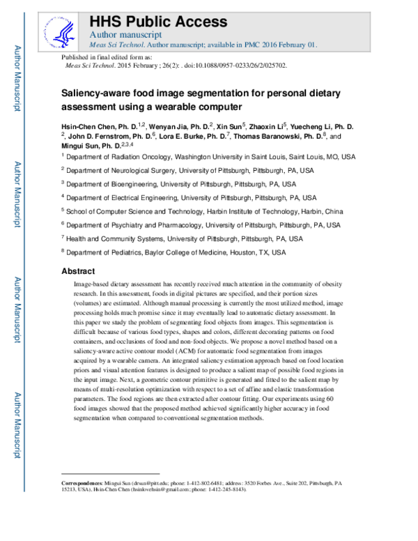 (PDF) Saliency-aware food image segmentation for personal dietary assessment using a wearable ...