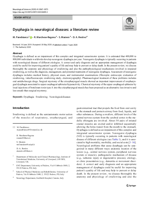 (PDF) Dysphagia in neurological diseases: a literature review
