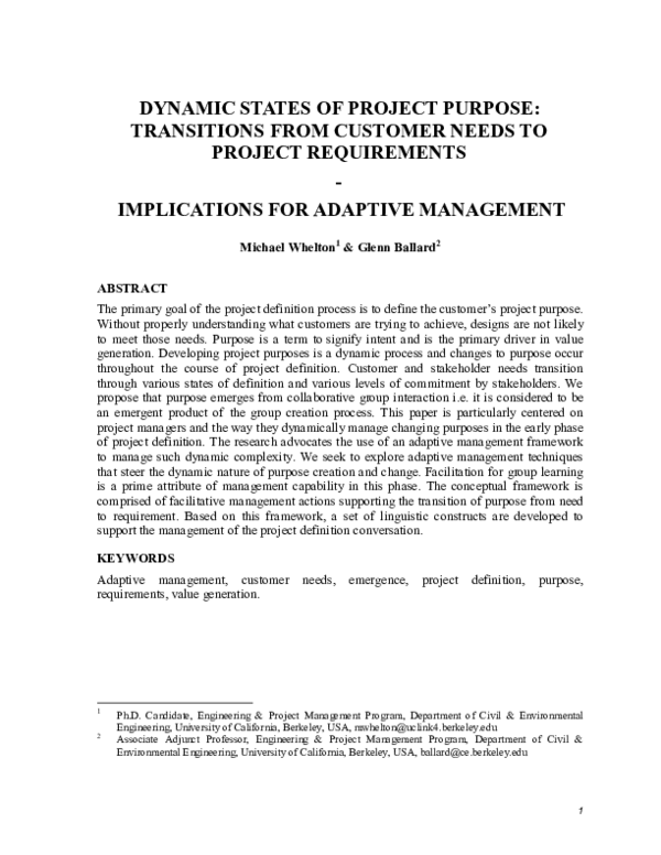 (PDF) Dynamic States of Project Purpose: Transitions from Customer ...
