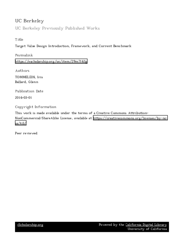 (PDF) Target Value Design Introduction, Framework, and Current Benchmark