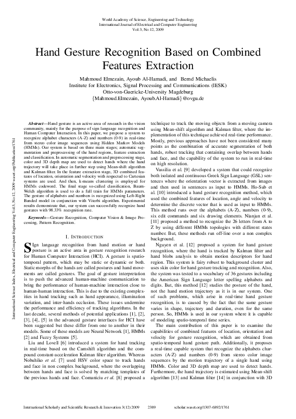 (PDF) Hand Gesture Recognition Based On Combined Features Extraction | Mohamed Magdy - Academia.edu