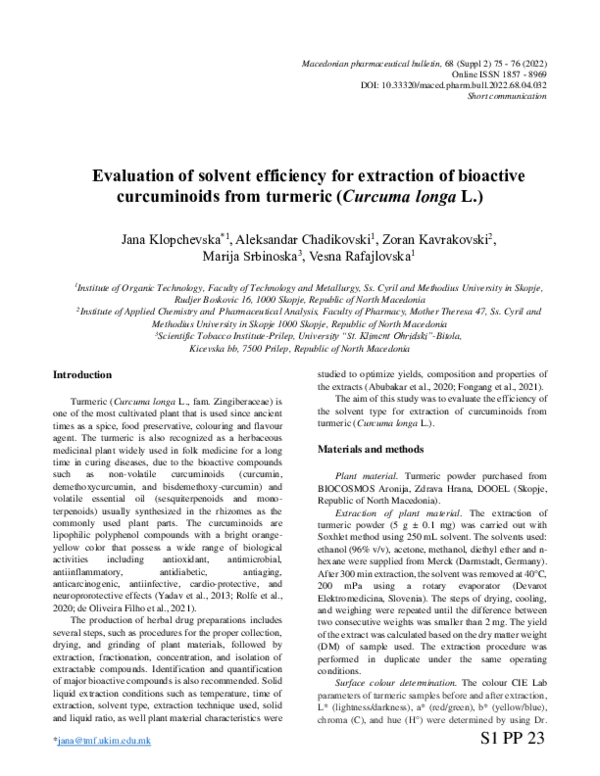 (PDF) Evaluation of solvent efficiency for extraction of bioactive curcuminoids from turmeric ...