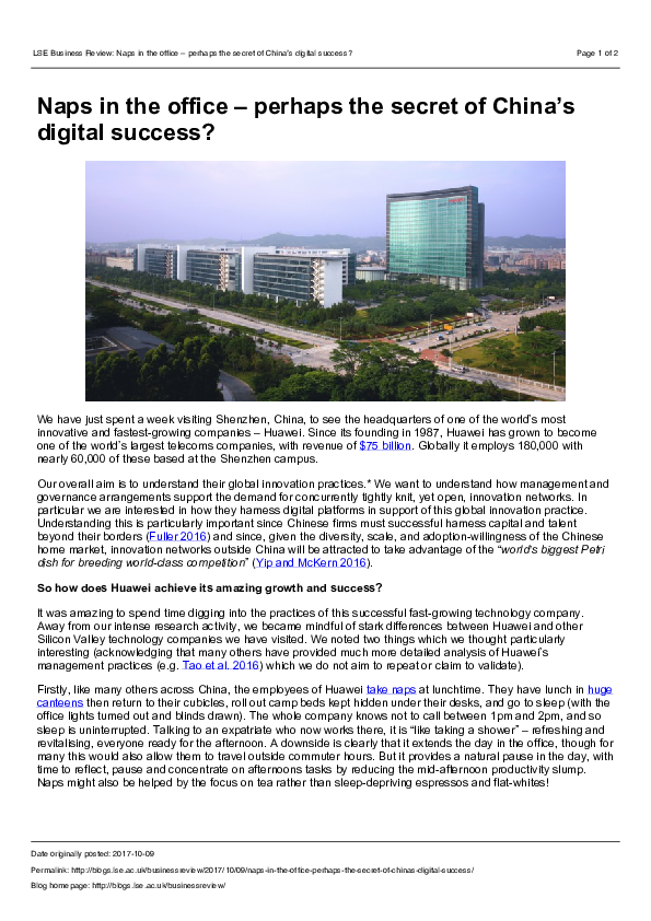 (PDF) Naps in the office - perhaps the secret of China's digital success?