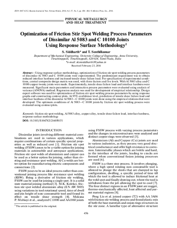 Pdf Optimization Of Friction Stir Spot Welding Process Parameters For