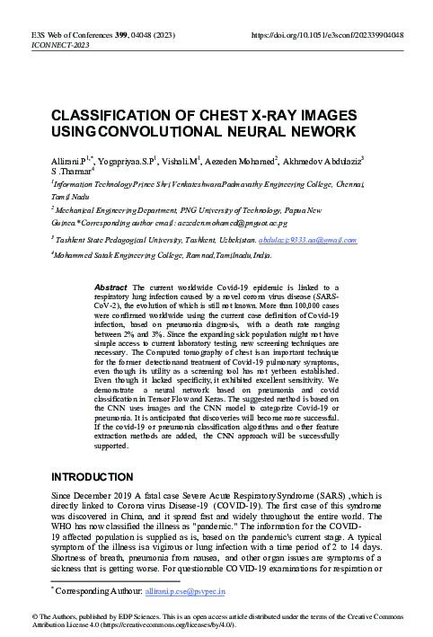 (PDF) Classification of Chest X-ray Images using Convolutional Neural Nework