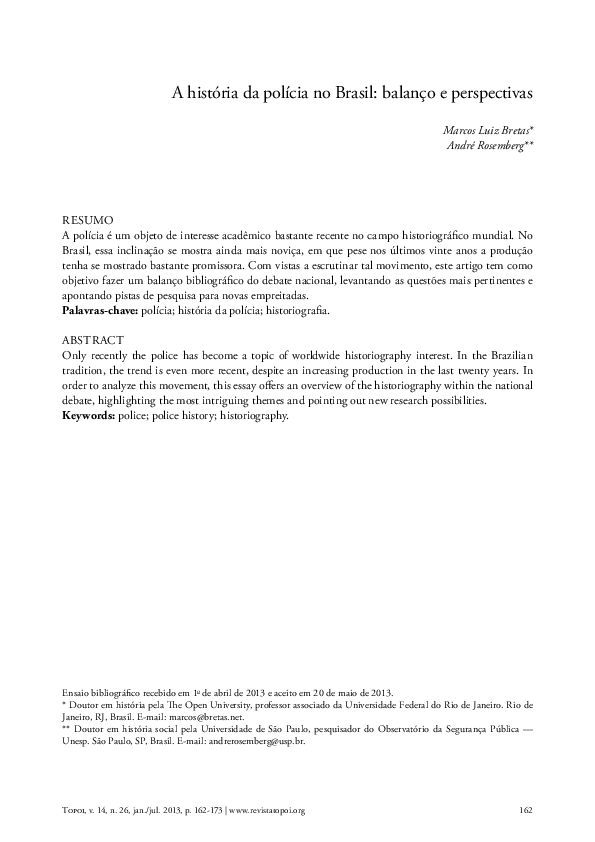 (PDF) A história da polícia no Brasil: balanço e perspectivas – Marcos ...