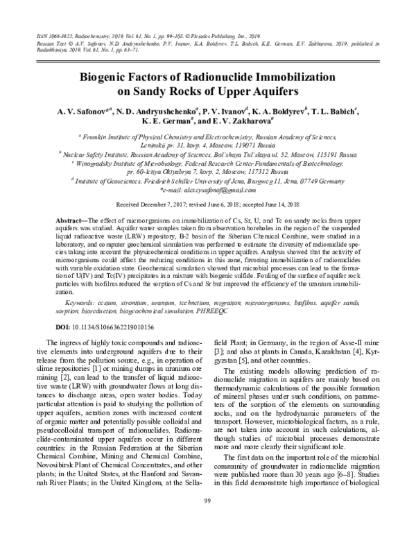 (PDF) Biogenic Factors of Radionuclide Immobilization on Sandy Rocks of ...