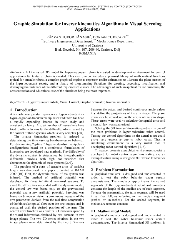 Pdf Graphic Simulation For Inverse Kinematics Algorithms In Visual Servoing Applications