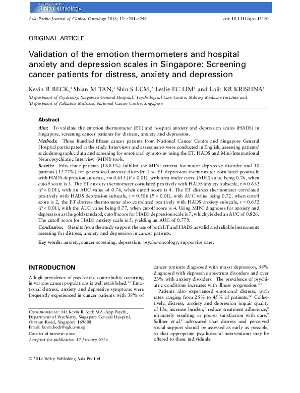 (PDF) Validation of the emotion thermometers and hospital anxiety and ...