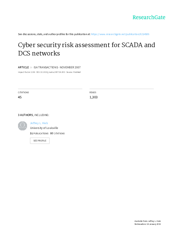 (PDF) Cyber security risk assessment for SCADA and DCS networks