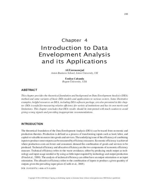 (PDF) Introduction to Data Envelopment Analysis and its Applications