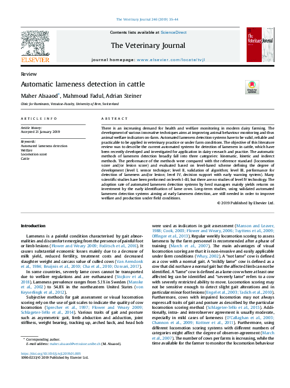 (PDF) Automatic lameness detection in cattle