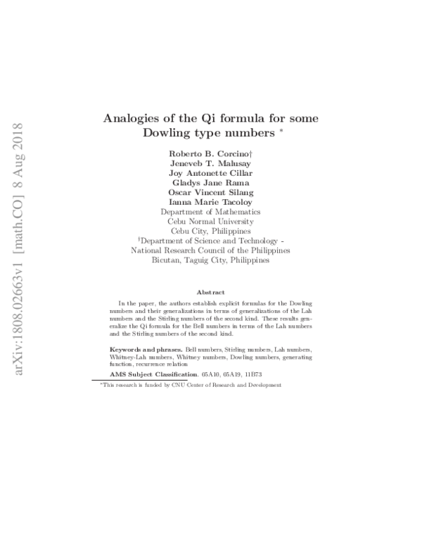 (PDF) Analogies of the Qi formula for some Dowling type numbers