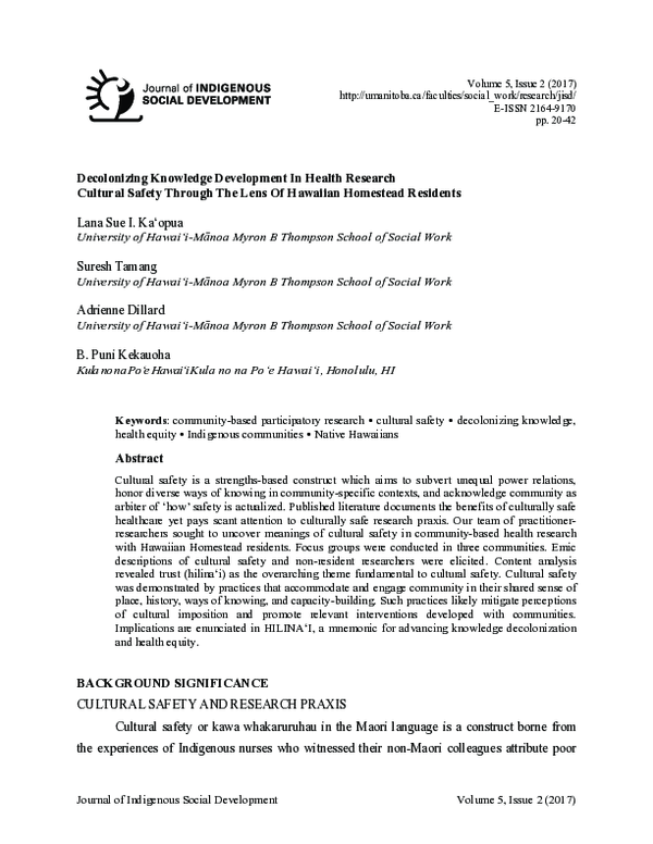 (PDF) Decolonizing Knowledge Development In Health Research Cultural Safety Through The Lens Of ...