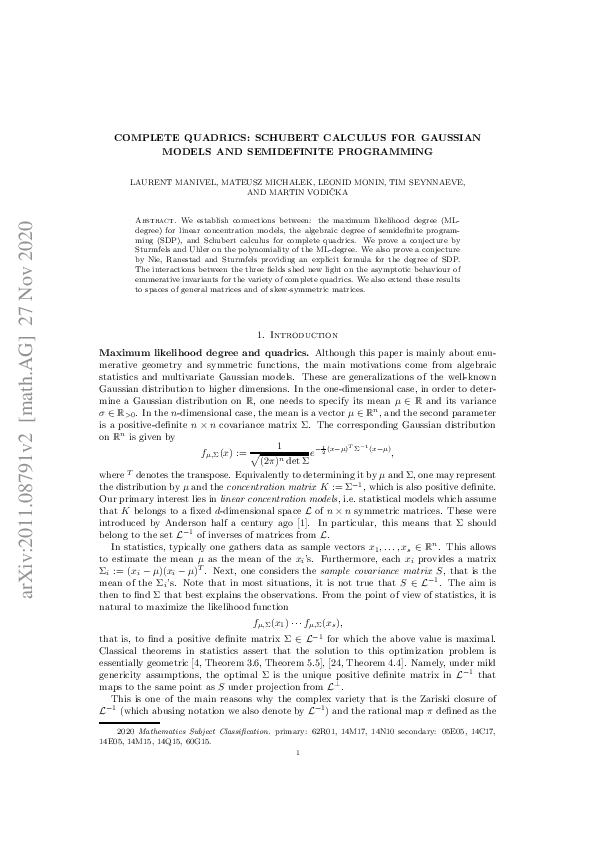 Pdf Complete Quadrics Schubert Calculus For Gaussian Models And Semidefinite Programming