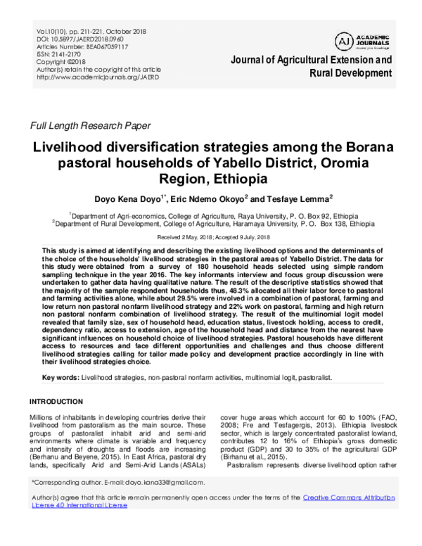 (PDF) Livelihood diversification strategies among the Borana pastoral households of Yabello ...