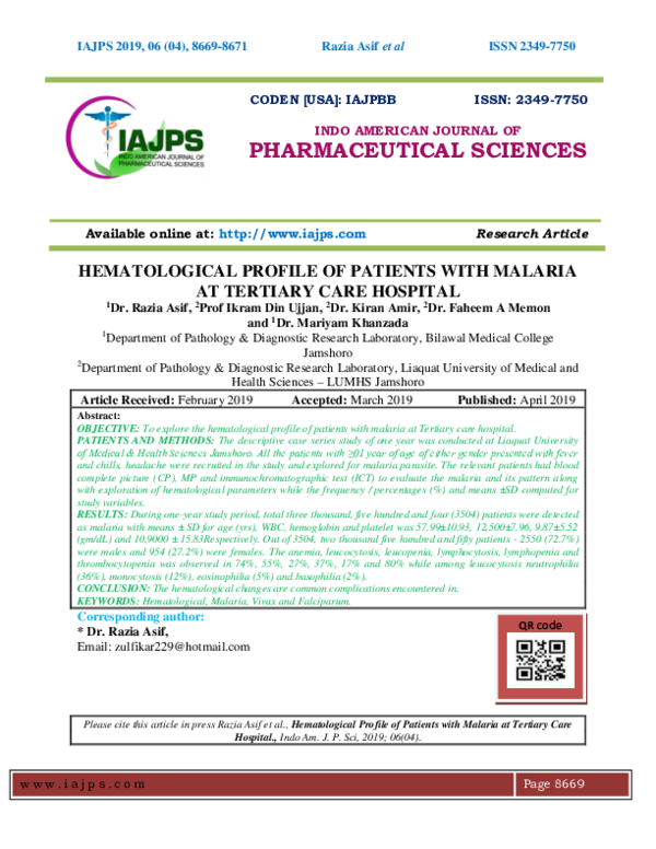 (PDF) Hematological Profile of Patients with Malaria at Tertiary Care ...