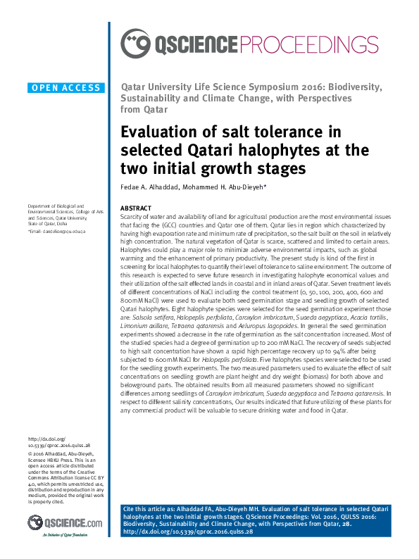 (PDF) Evaluation of salt tolerance in selected Qatari halophytes at the ...