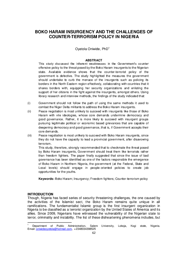 (PDF) Boko Haram insurgency and the challenges of counter terrorism policy in Nigeria