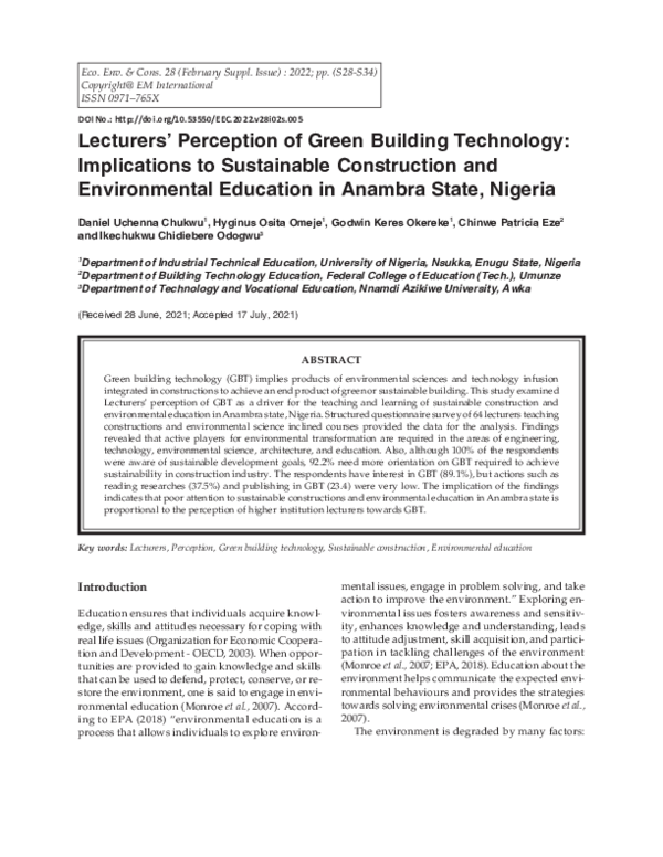 (PDF) Lecturers’ Perception of Green Building Technology: Implications to Sustainable ...