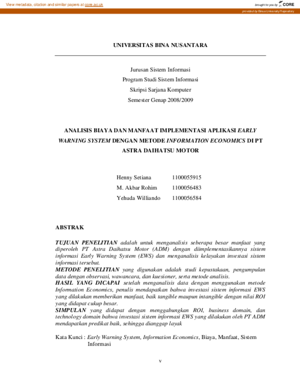 (PDF) Analisis Biaya Dan Manfaat Implementasi Aplikasi Early Warning ...