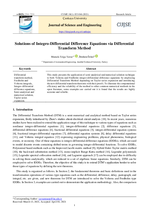 (PDF) Solution of Integro-Differential Difference equations via Differential Transform Method